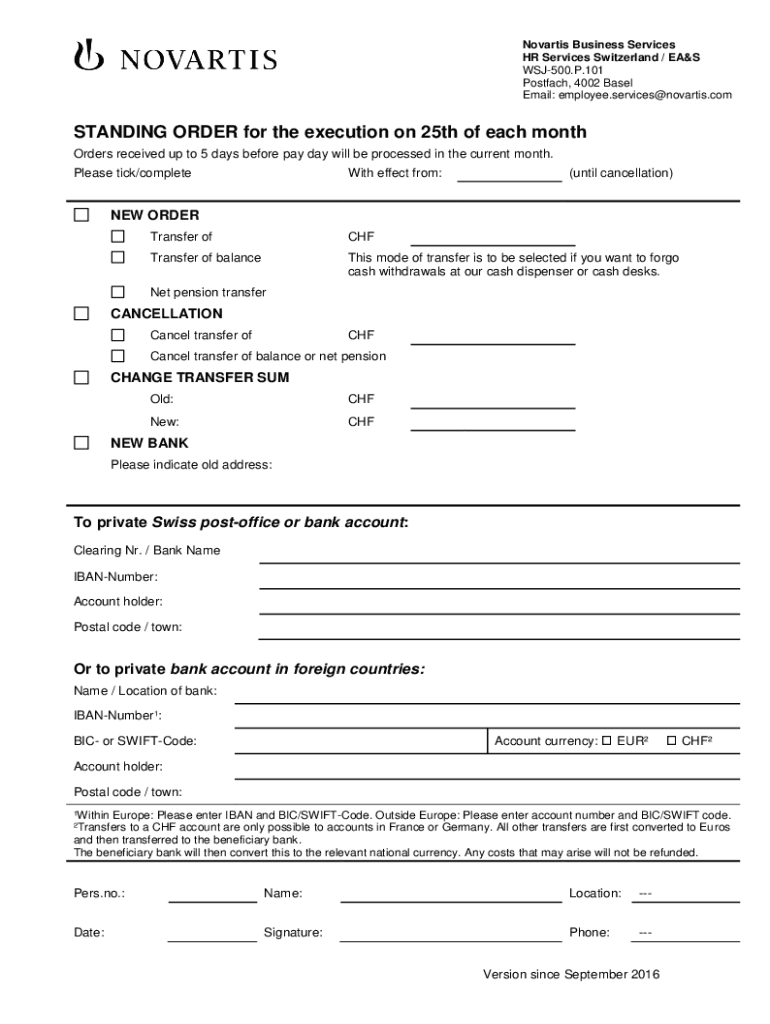 Fillable Online STANDING ORDER for the execution on 25th of each month Fax Email Print - pdfFiller