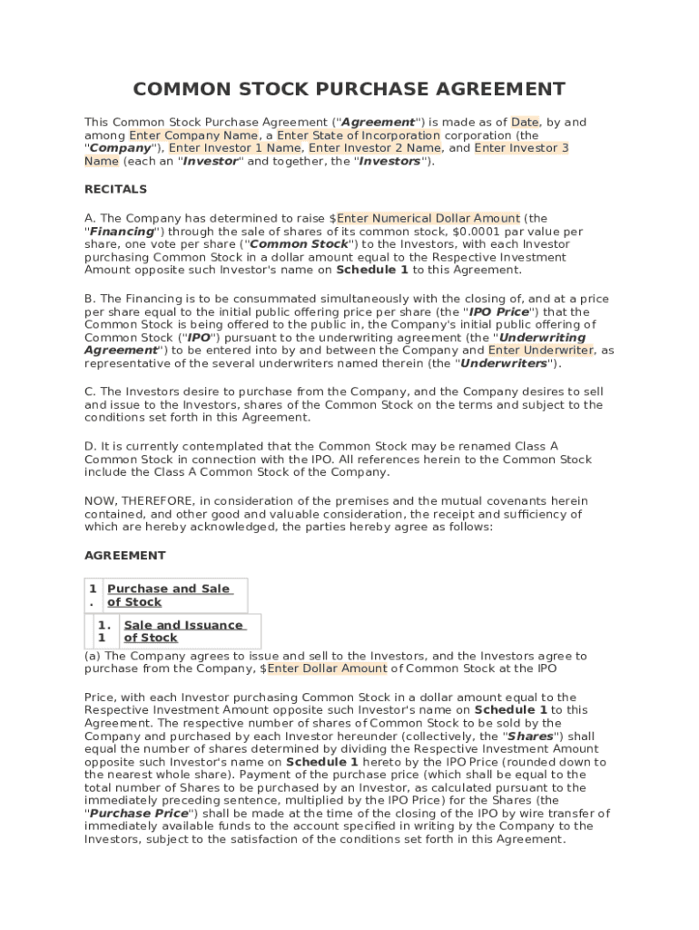 common stock purchase agreement - Excel TMP Doc Template | pdfFiller