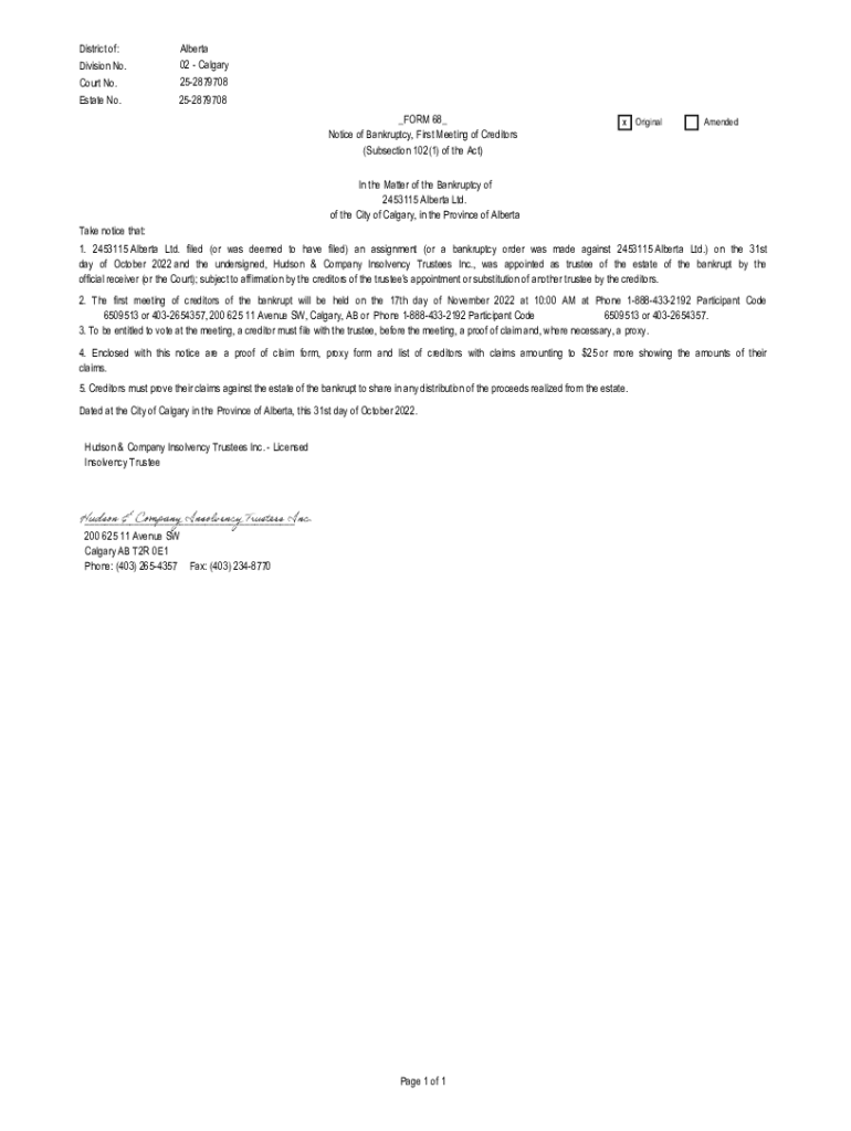 Fillable Online Form 68 - Notice of Bankruptcy, First Meeting of ...