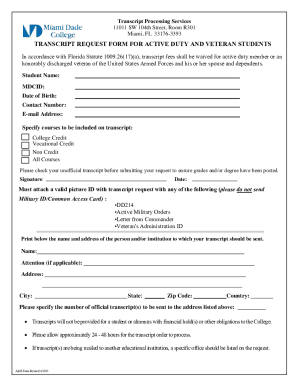 Fillable Online Transcript Request Form for Active Duty and Veteran ...