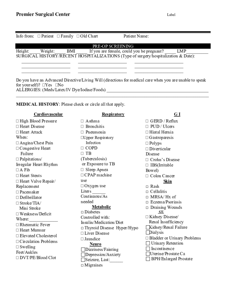 Fillable Online PRE-OPERATIVE MEDICAL ASSESSMENT (ADULT) Fax Email ...