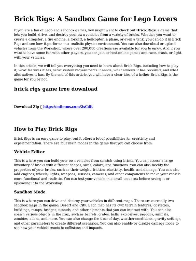 Fillable Online Brick Rigs (The physics based lego vehicle sandbox) Fax Email Print - pdfFiller