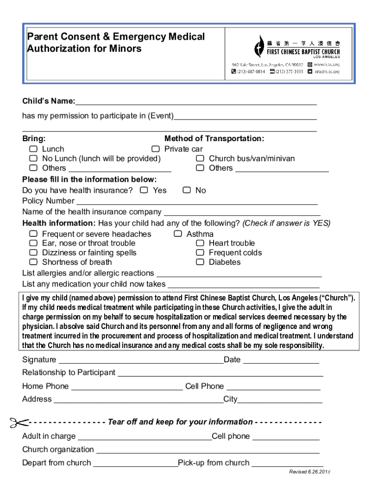 Fillable Online Parent Consent & Emergency Medical Authorization for ...