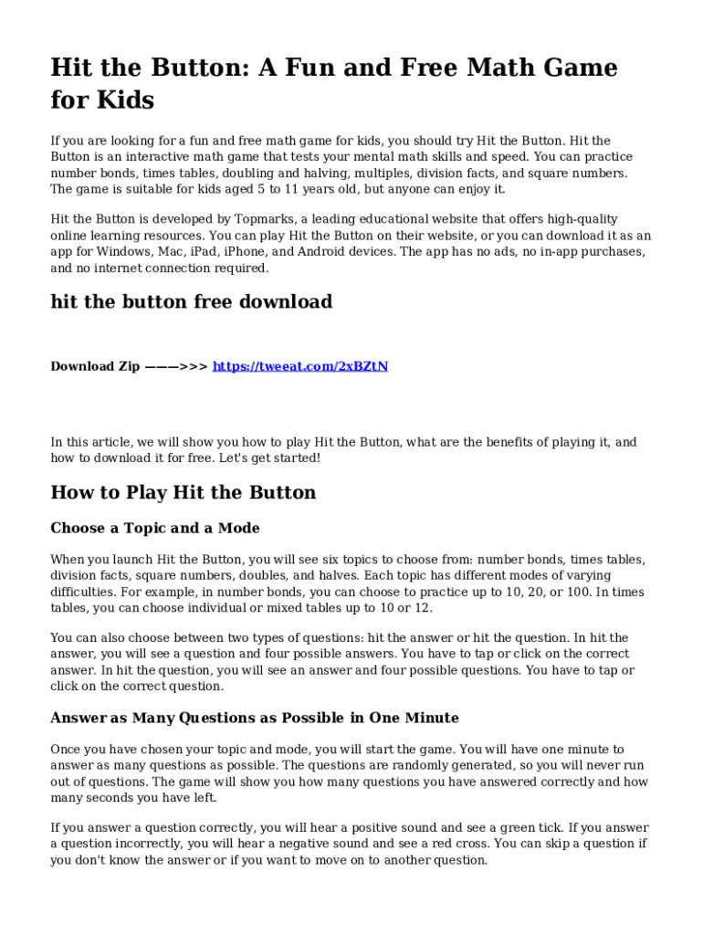 Fillable Online Hit The Button Math Games - A Cool Math Playground Fax ...