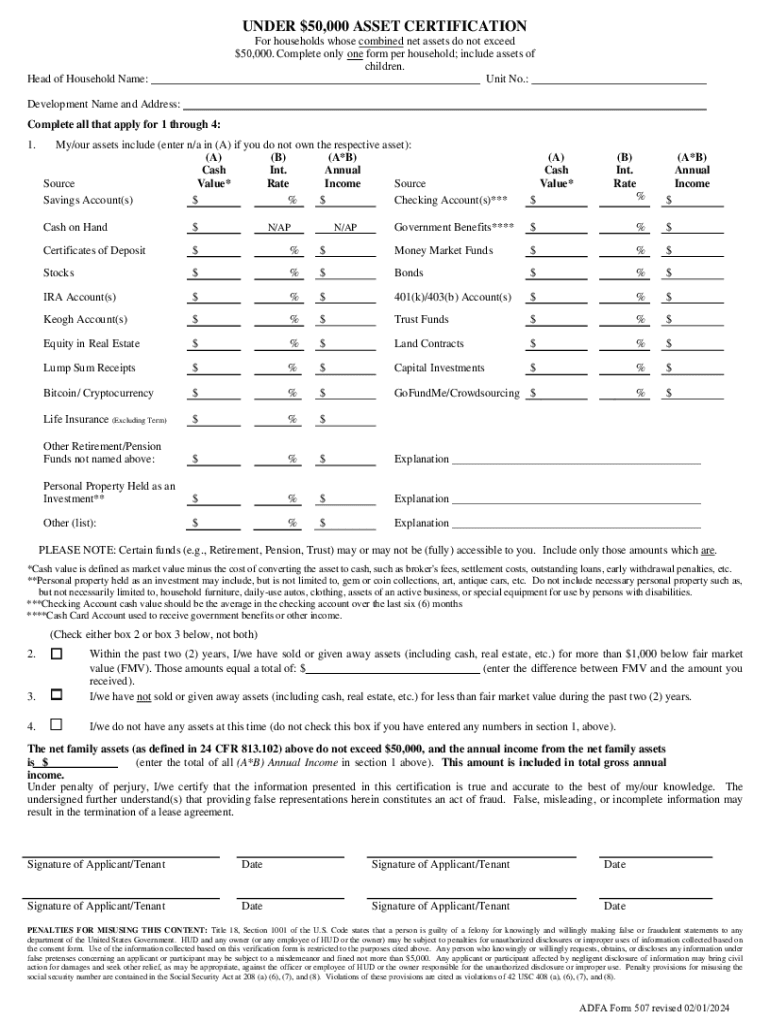 Fillable Online Exhibit D - $50000 and under Asset Certification Fax ...