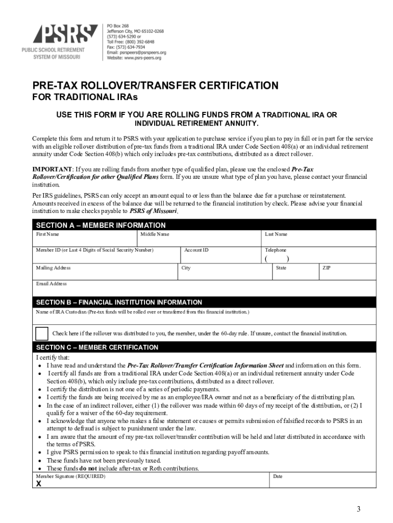 Fillable Online PSRS Traditional IRA Rollover or Transfer Certification Form Fax Email Print ...
