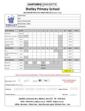 Fillable Online shelleyps wa edu 2022 UNIFORM PRICE LIST & ORDER FORM (Effective from 1 Fax ...
