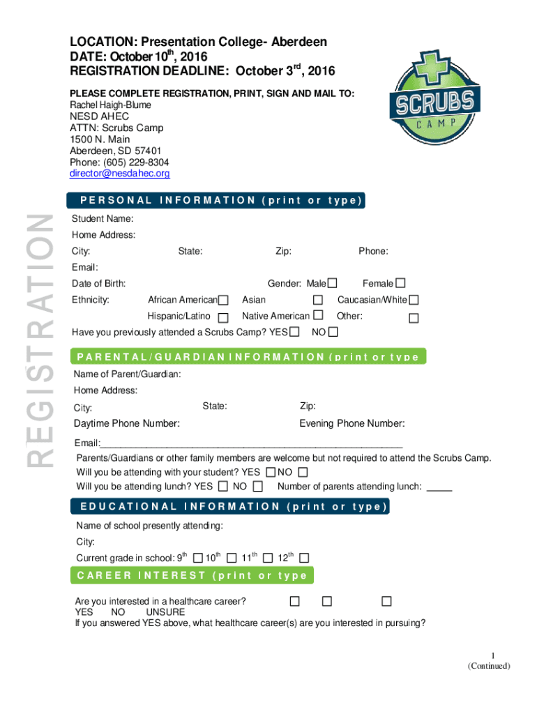 Fillable Online Scrubs Camp Fax Email Print - pdfFiller