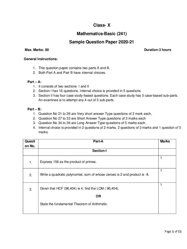 Fillable Online Sample Question Paper Mathematics- Basic (241) Class ...