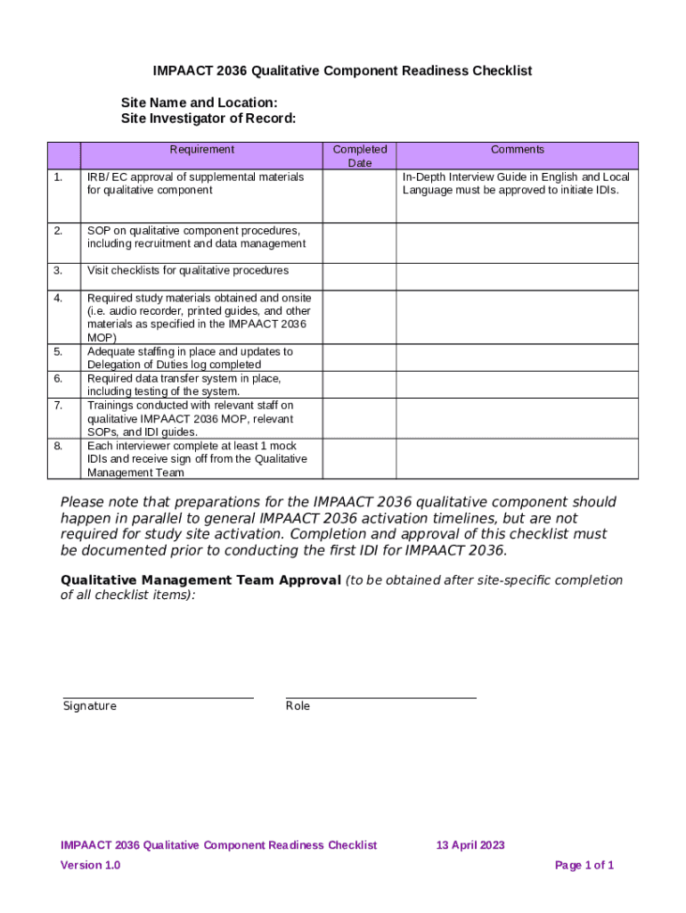 IMPAACT 2036 Qualitative Component Readiness Checklist Doc Template ...