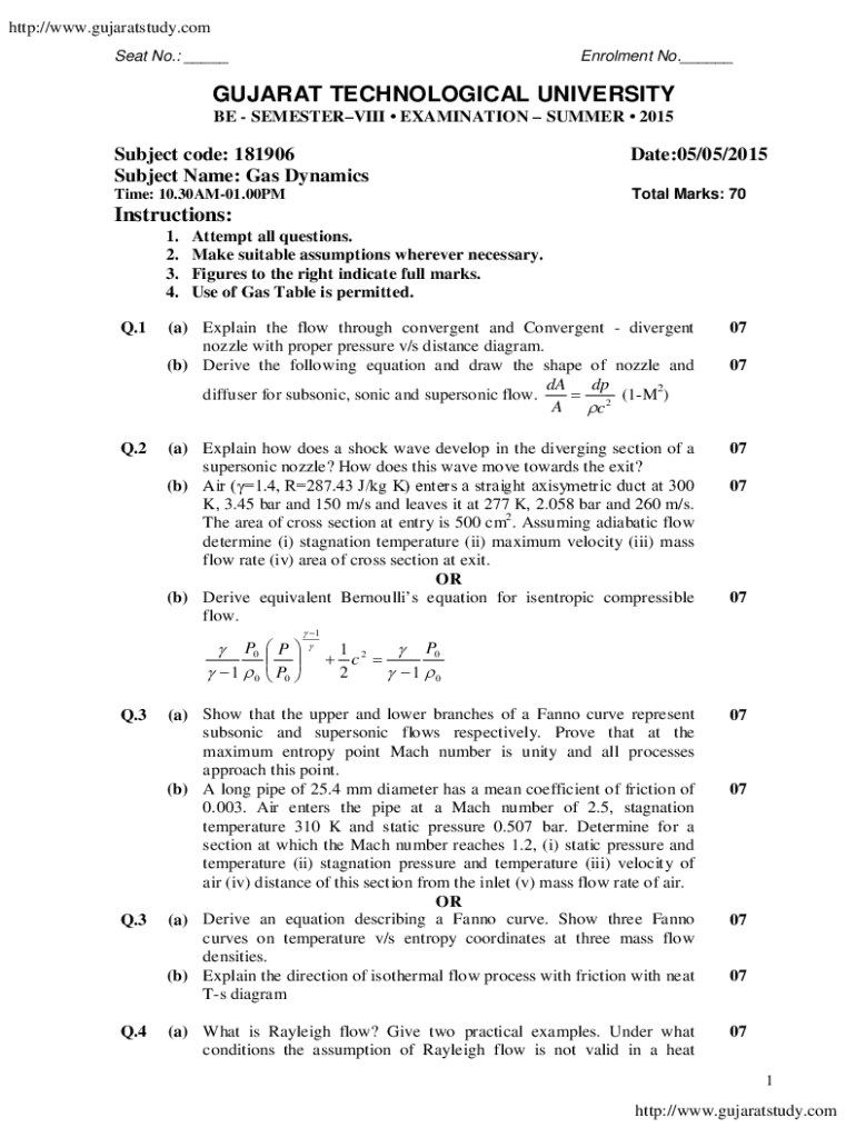 Fillable Online Gas Dynamics - GTU question papers Fax Email Print ...