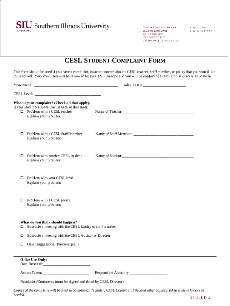 Reporting a Student Concern / Filing a al Complaint - cesl siu Doc Template | pdfFiller