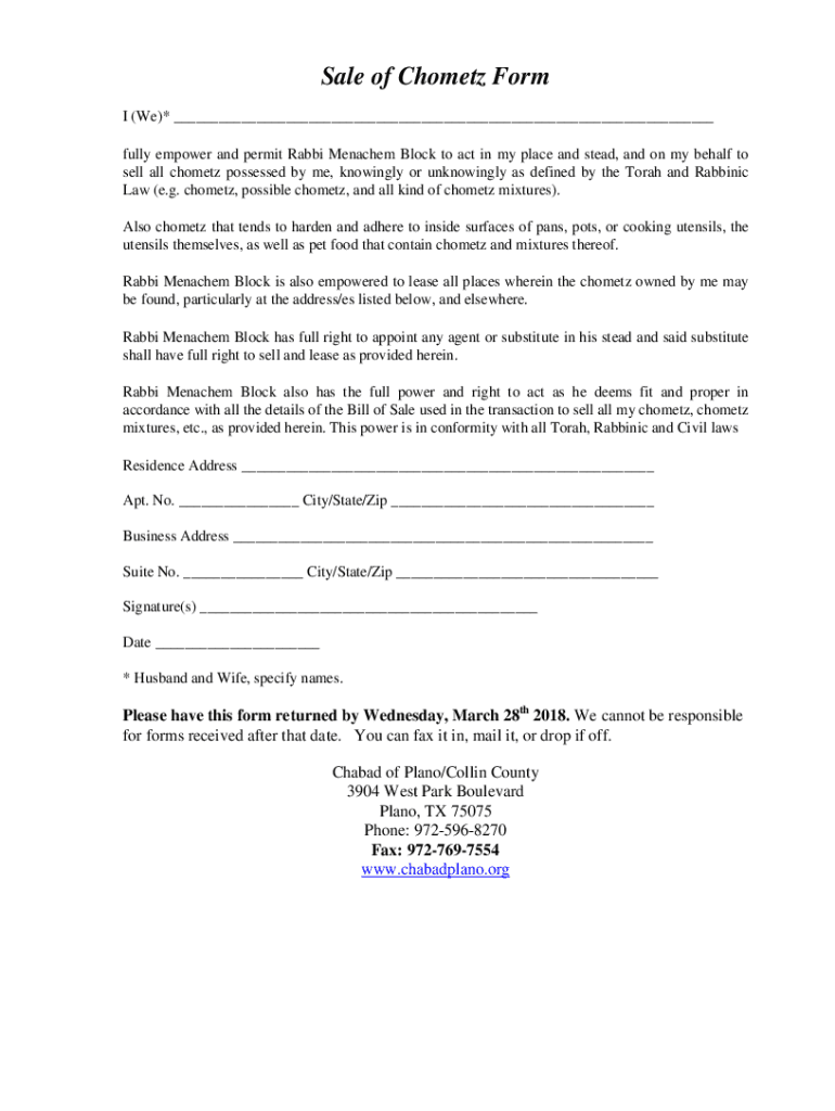 Fillable Online Sale of Chometz Form Fax Email Print - pdfFiller