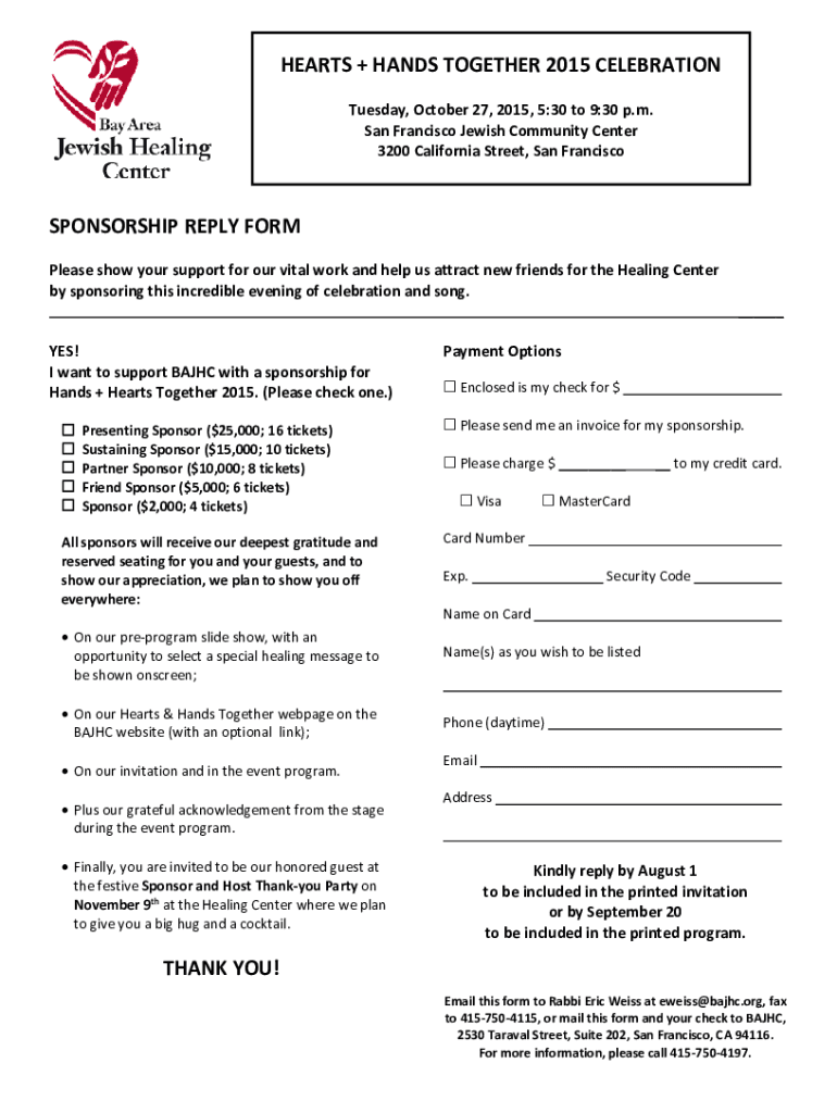 Fillable Online SPONSORSHIP REPLY FORM THANK YOU! HEARTS + ... Fax Email Print - pdfFiller