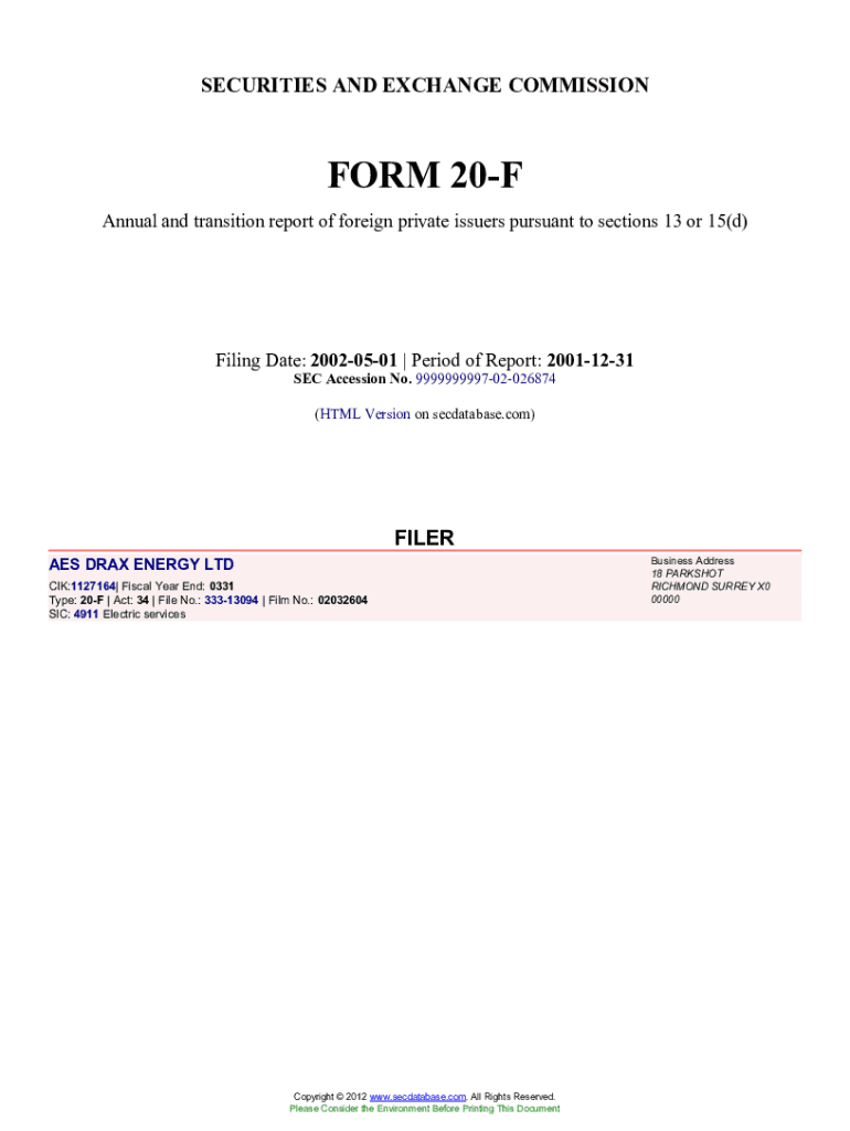 Fillable Online AES DRAX ENERGY LTD (Form. Accession Number Fax Email ...