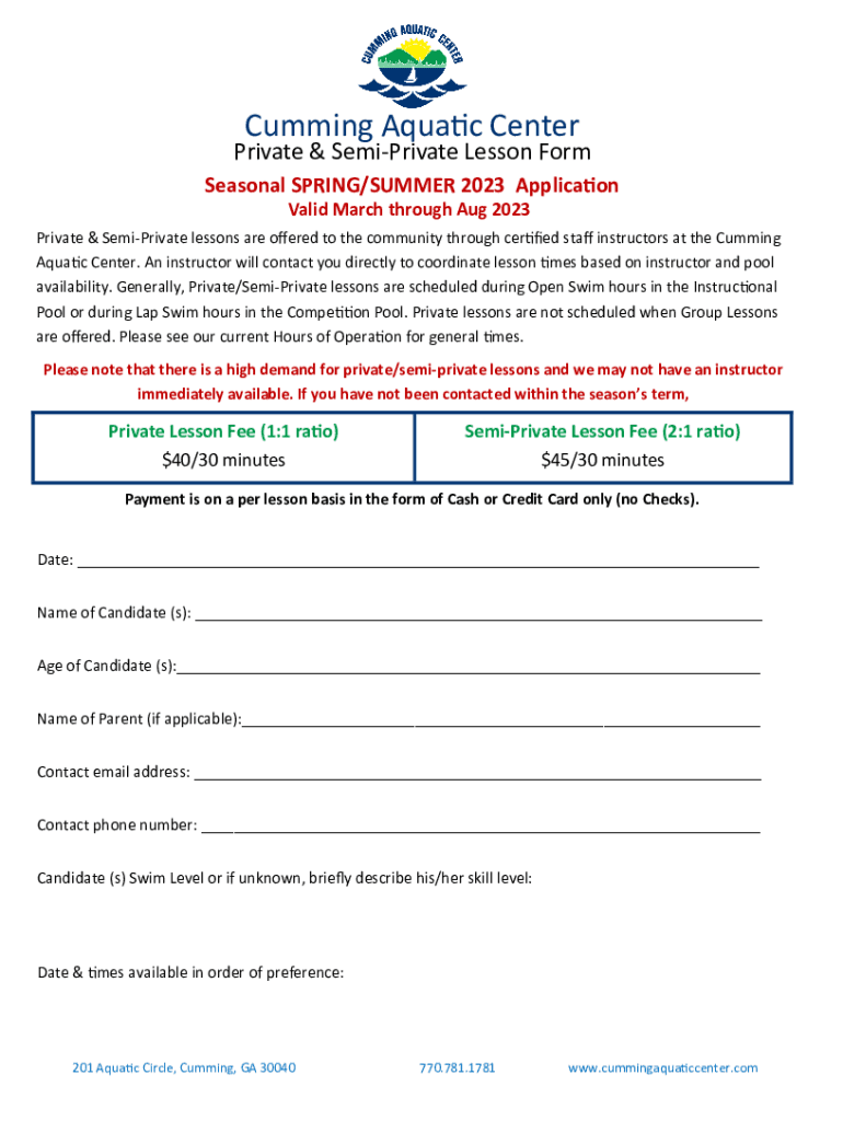 Fillable Online Private & Semi-Private Lesson Form Fax Email Print ...