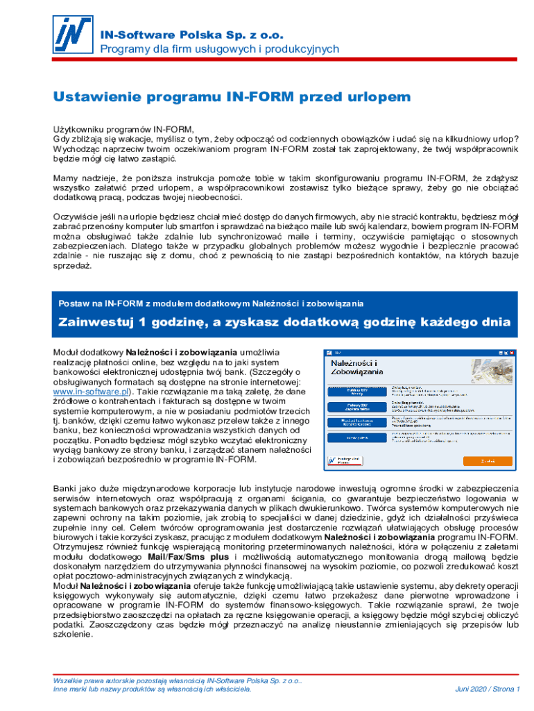 Fillable Online Ustawienie programu IN-FORM przed urlopem - IN-Software Fax Email Print - pdfFiller