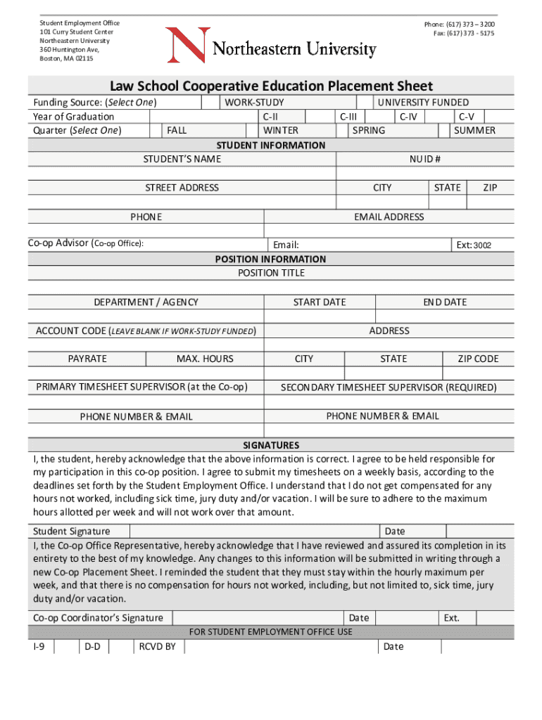 Fillable Online Law School Cooperative Education Placement Sheet - CDN ...