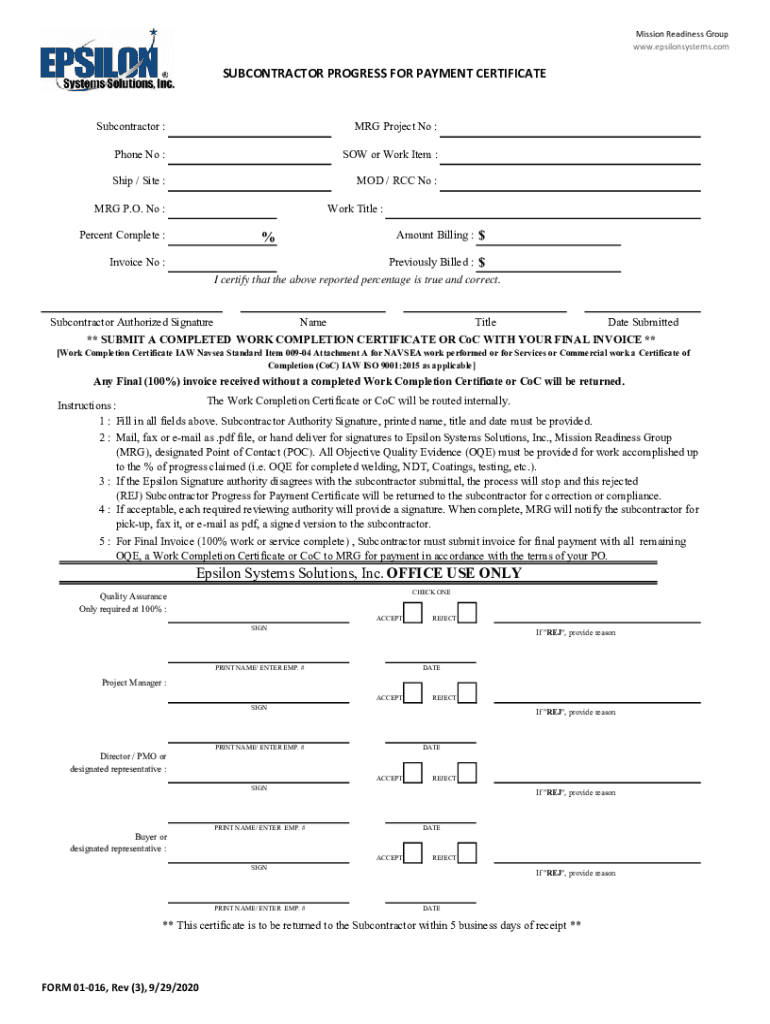 Fillable Online FORM 01-016 Rev (3) 9-29-20 Subcontractor Progress for ...