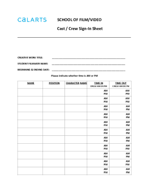 Fillable Online SCHOOL OF FILM/VIDEO Cast / Crew Sign-In Sheet Fax ...