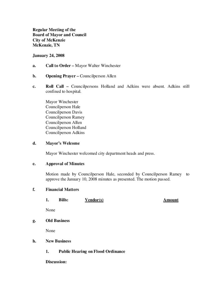 Fillable Online Roll Call Councilpersons Holland and Adkins were absent ...