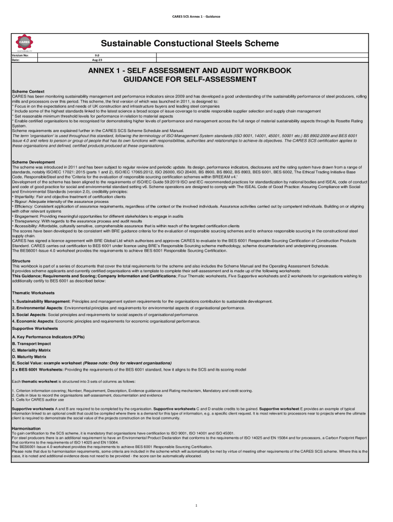 Fillable Online SCS Scheme v9 Self-Assessment and Audit Workbook Aug ...