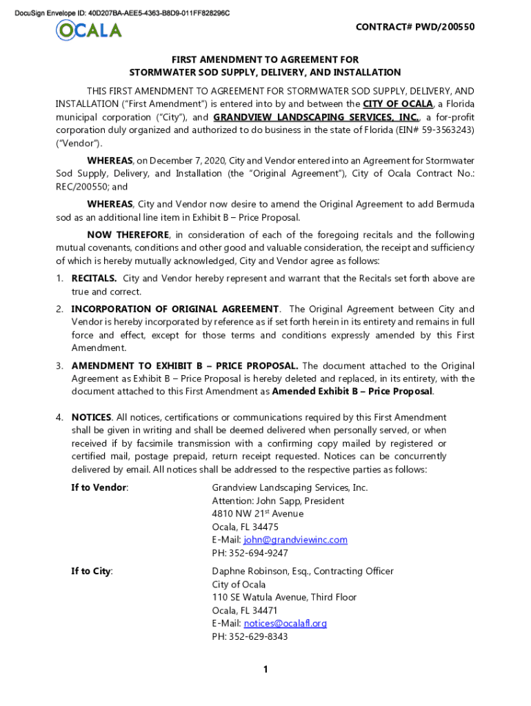 Fillable Online 2023-1783 - EXECUTED CONTRACT - First Amendment - Sod ...