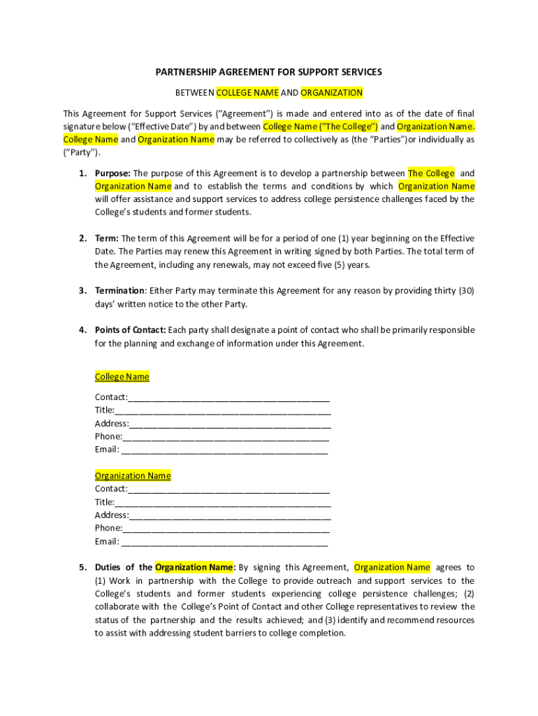 Fillable Online PARTNERSHIP AGREEMENT FOR SUPPORT SERVICES Fax Email Print - pdfFiller