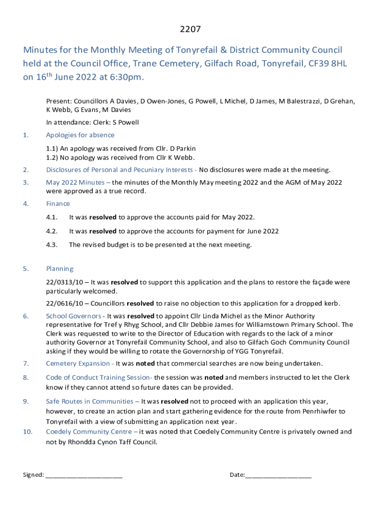 Fillable Online held at the Council Office, Trane Cemetery, Gilfach ...