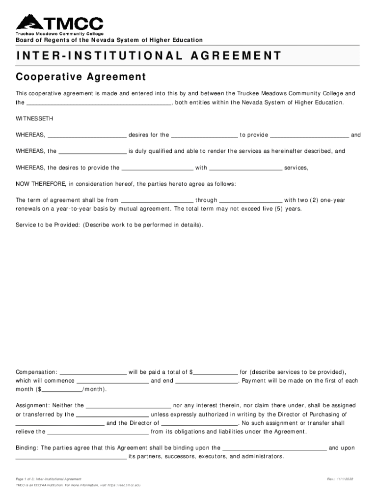 Fillable Online INTER -INSTITUTIONAL AGREEMENT - Cooperative ... Fax ...