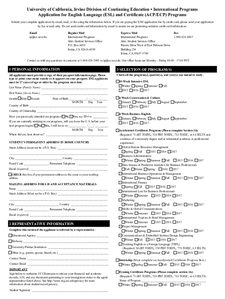Fillable Online ip ce uci Application for English Language (ESL) and ...