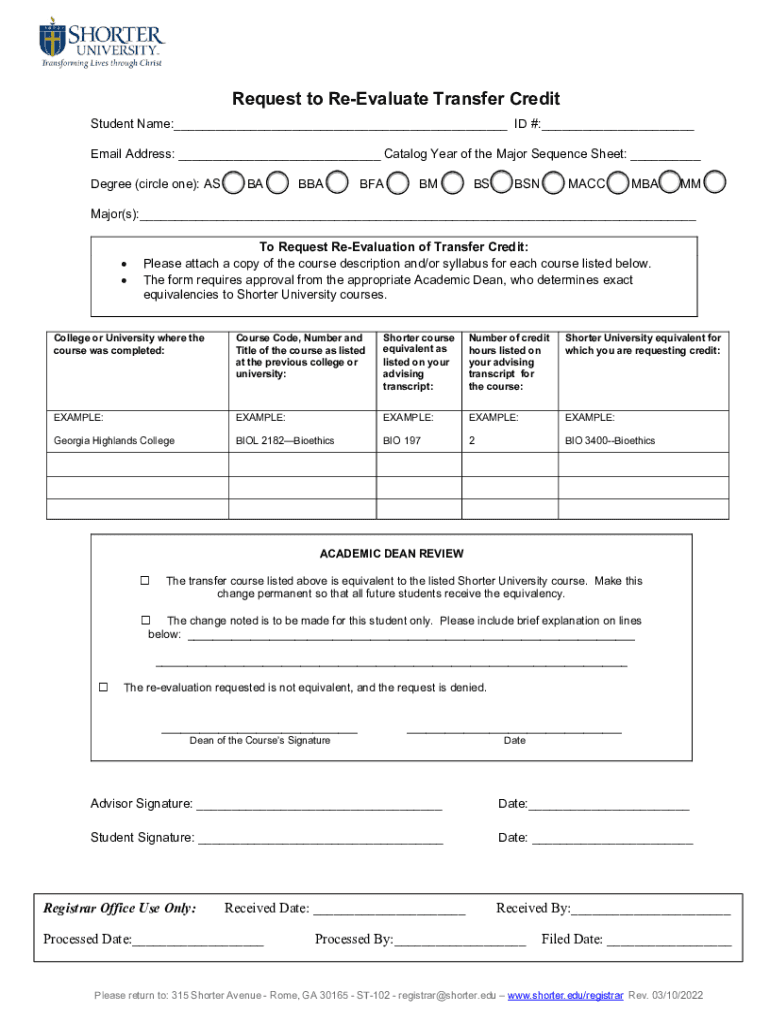 Fillable Online Request to Reevaluation Transfer Credit Fax Email Print - pdfFiller