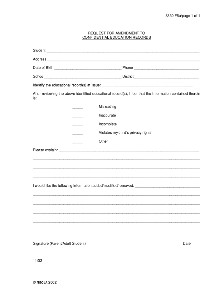 Fillable Online Request for Amendment to Confidential Education Records ...