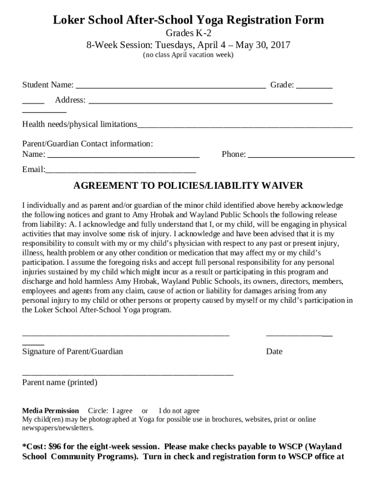Loker School After-School Yoga Registration Doc Template | pdfFiller