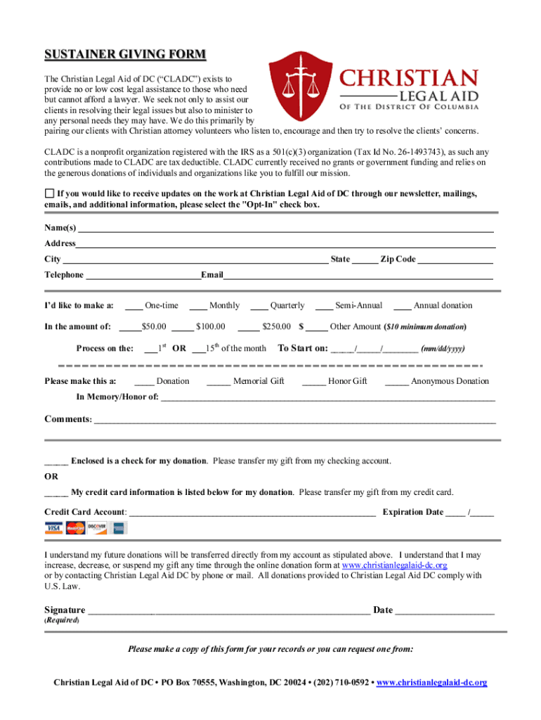 Fillable Online Christian Legal Aid of DCFree Legal Help Fax Email ...
