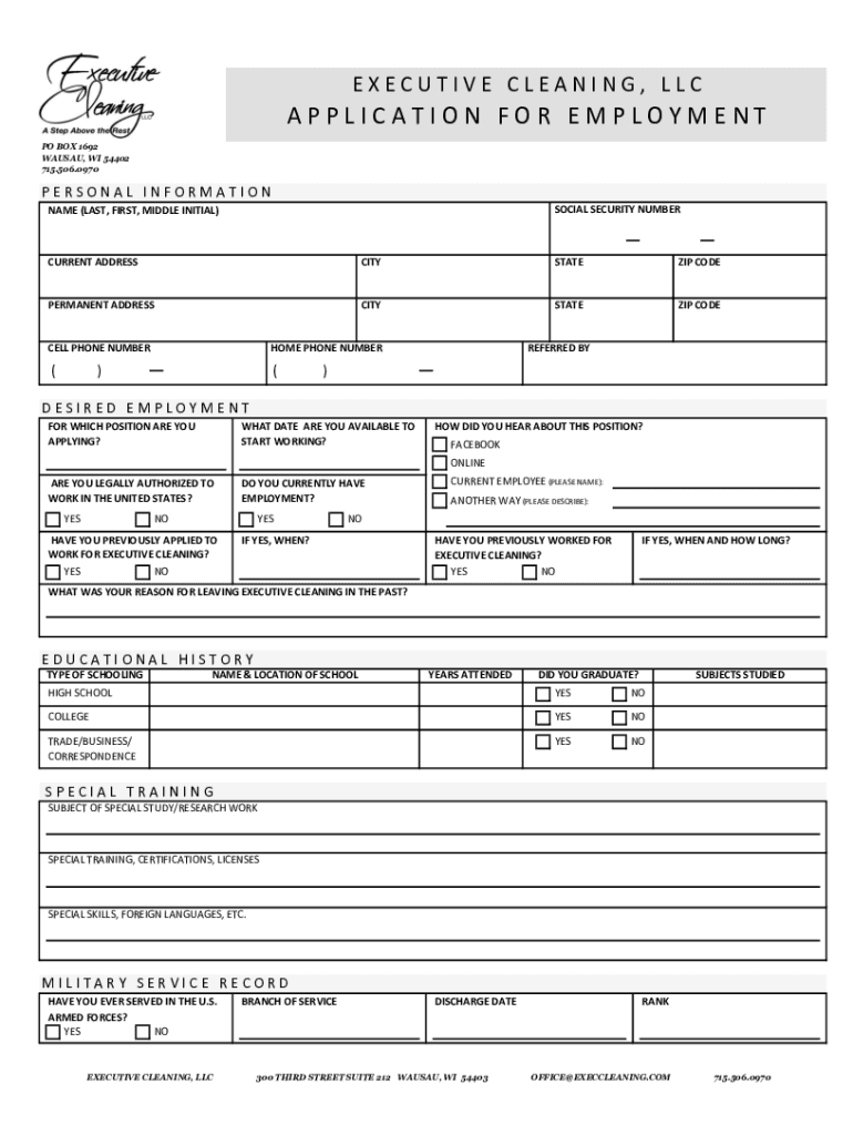Fillable Online Executive Cleaning Employment Application Fax Email ...