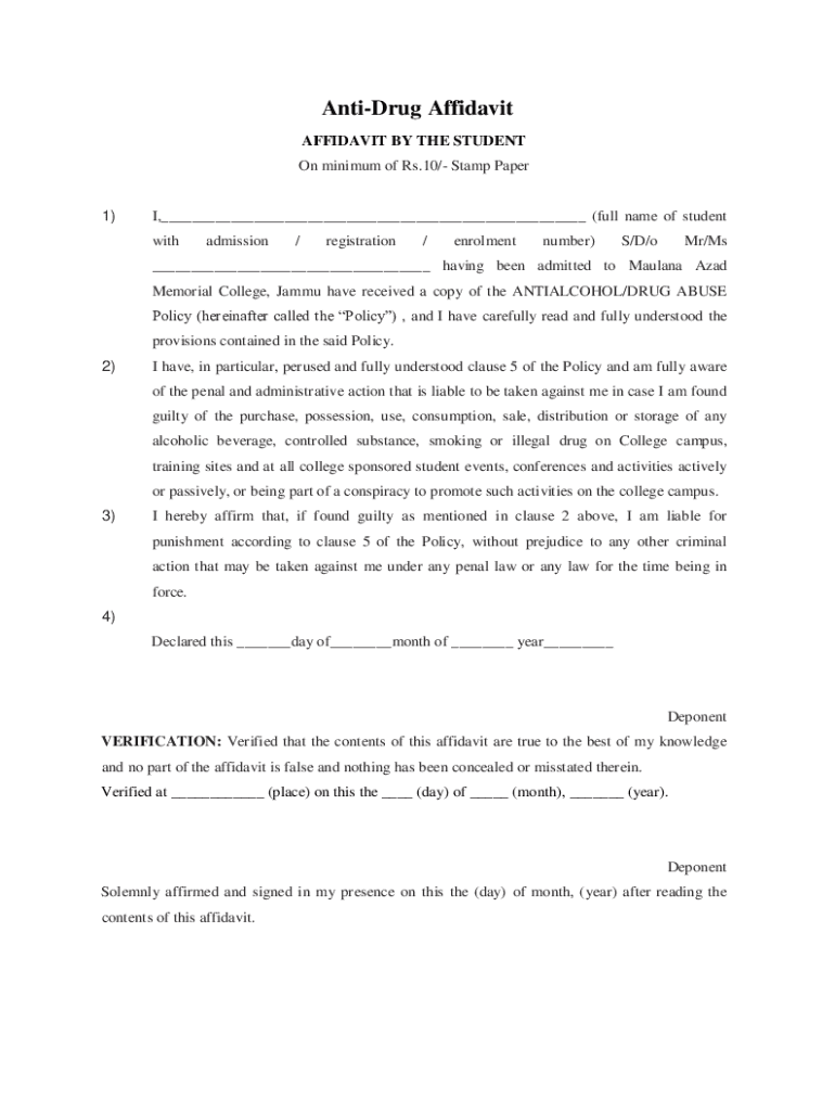 Fillable Online I AFFIDAVIT BY THE STUDENT (On Rs.10 Stamp Paper ...