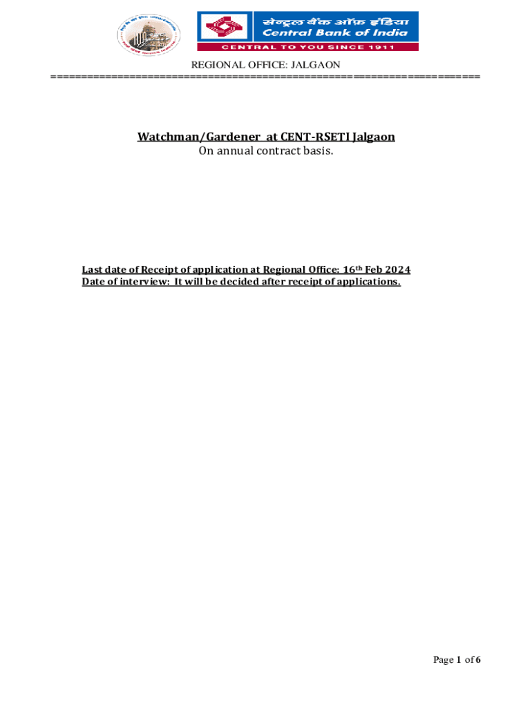 Fillable Online Watchman/Gardener at CENT-RSETI Jalgaon On annual ...
