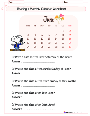 Fillable Online Reading a Monthly Calendar Worksheet Fax Email Print ...