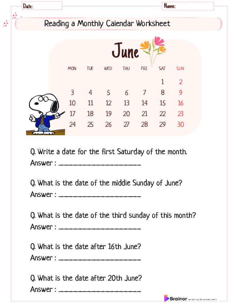 Fillable Online Reading a Monthly Calendar Worksheet Fax Email Print ...