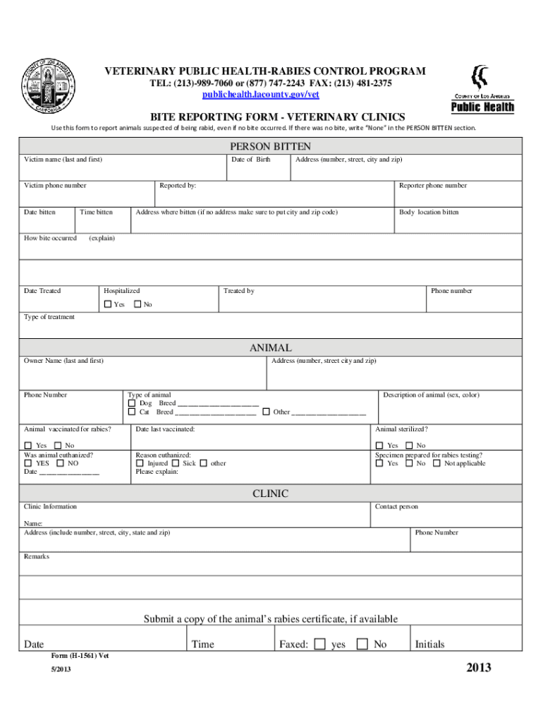 Fillable Online bite reporting form - veterinary clinics - LA County ...