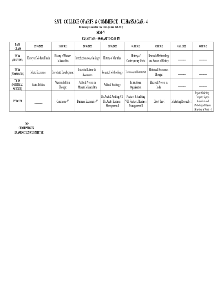 Fillable Online Preliminary Examination Time Table - (Second Half -2022) Fax Email Print - pdfFiller