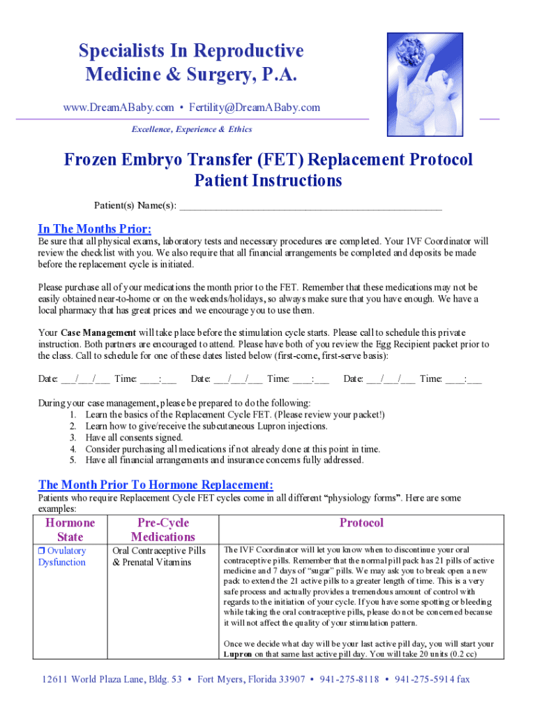 Fillable Online Frozen Embryo Transfer (FET) Replacement Cycle Protocol ...