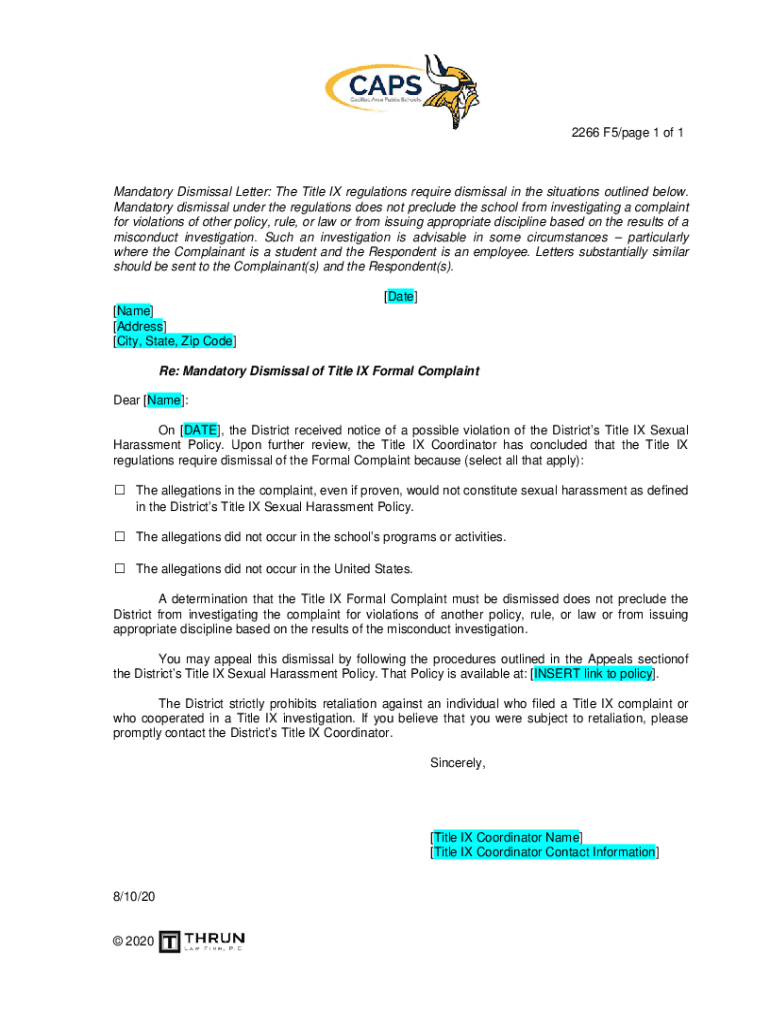 Fillable Online Providing Notice of Dismissal of Complaint under Title IX in ... Fax Email Print ...