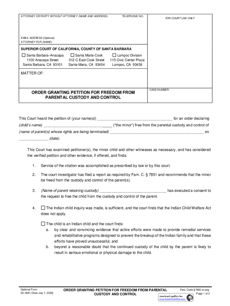 Fillable Online ORDER GRANTING PETITION FOR FREEDOM FROM ... Fax Email ...