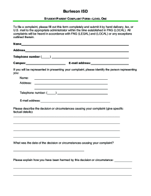 Fillable Online Parent/Student Complaint Form: Level One - Manor ISD ...