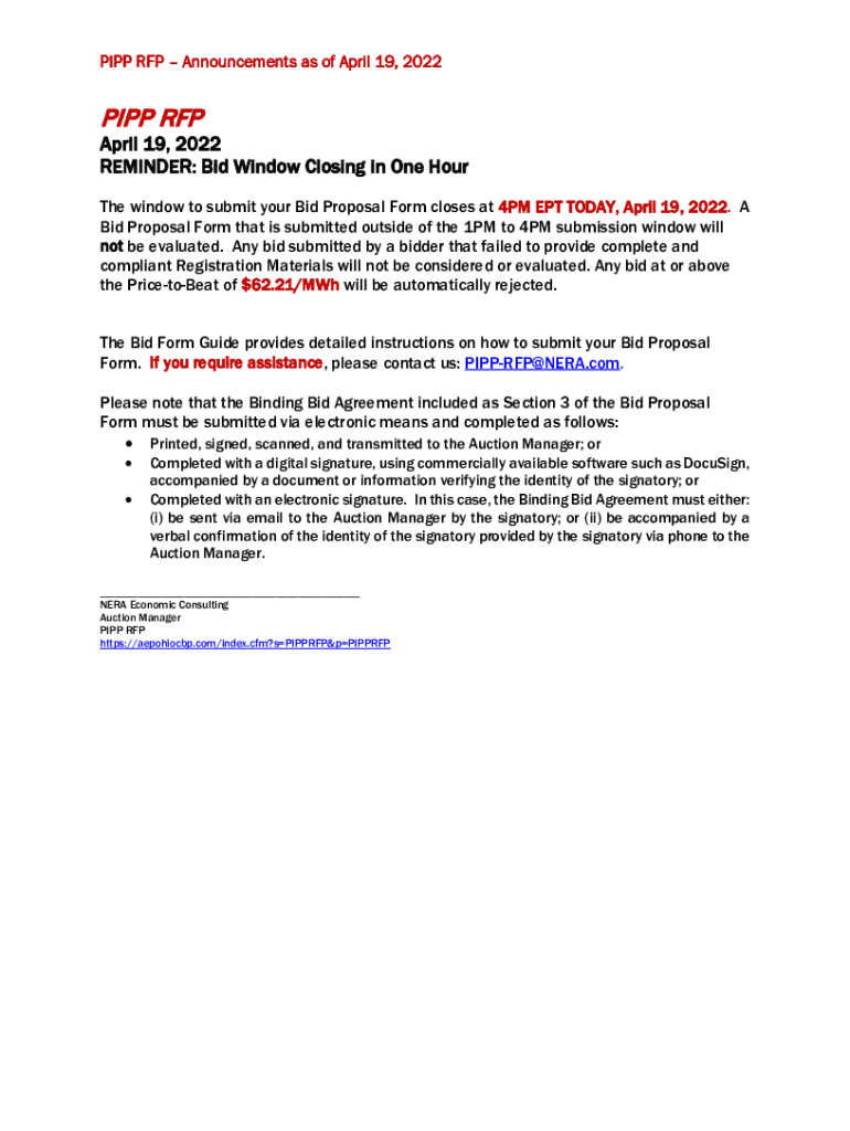 Fillable Online REMINDER: Bid Window Closing in One Hour Fax Email ...
