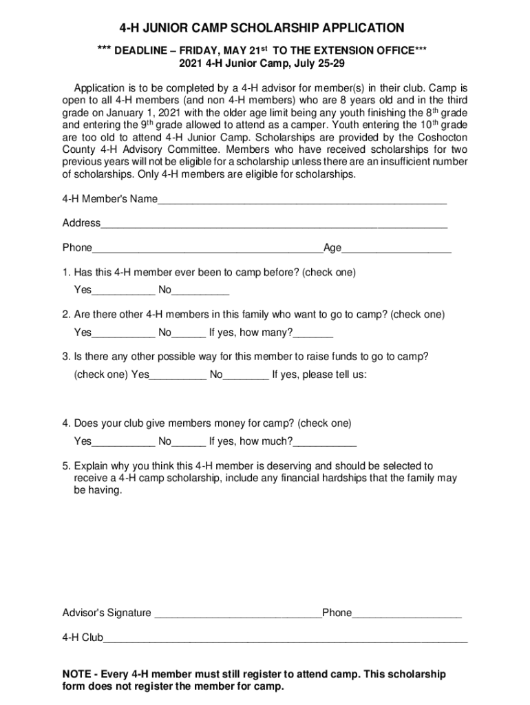 Fillable Online coshocton osu 4-H JUNIOR CAMP SCHOLARSHIP APPLICATION Fax Email Print - pdfFiller