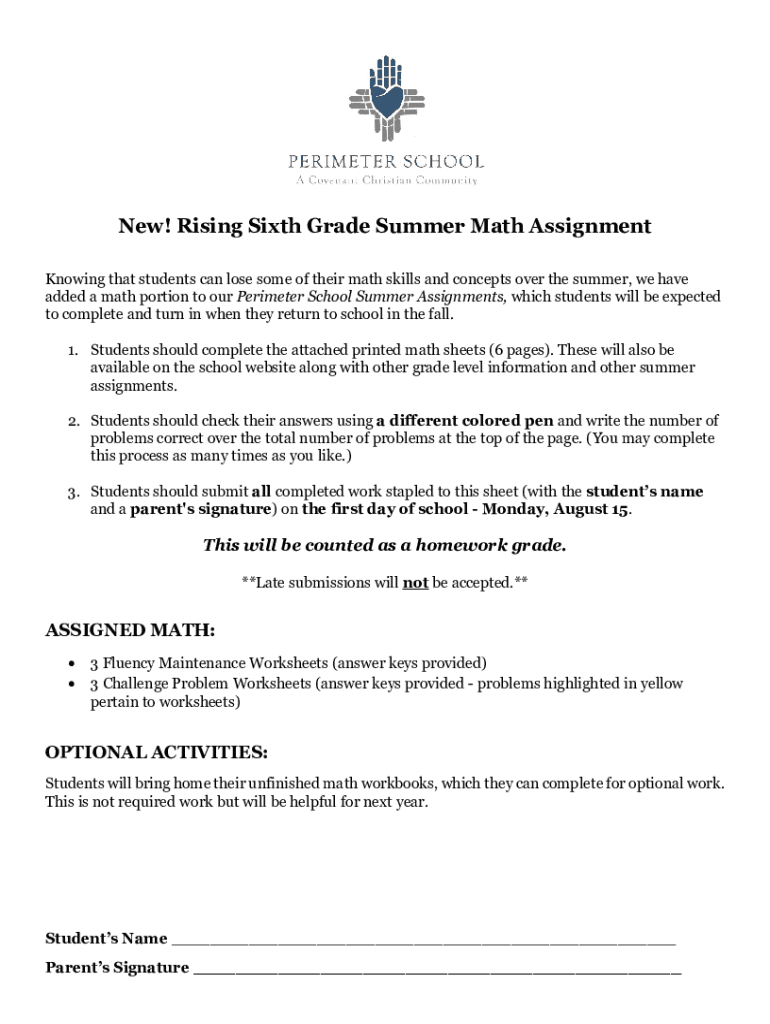 Fillable Online Rising Sixth Grade Summer Math Packet Name Fax Email ...