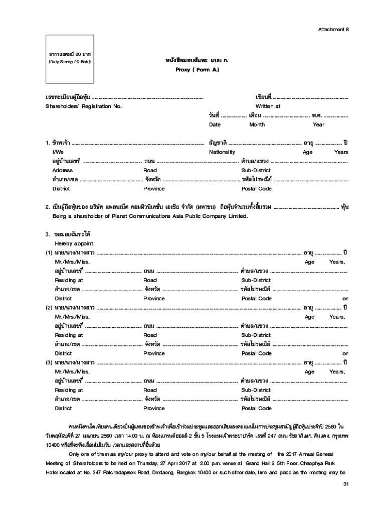 Fillable Online Page 72 Please affix Stamp duty of Baht 20 Proxy Form ...